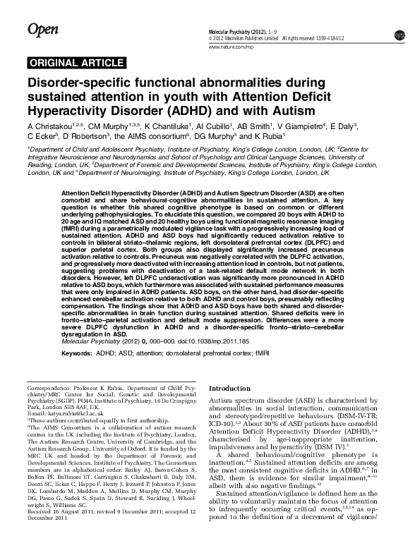 Pdf Disorder Specific Functional Abnormalities During Sustained Attention In Youth With