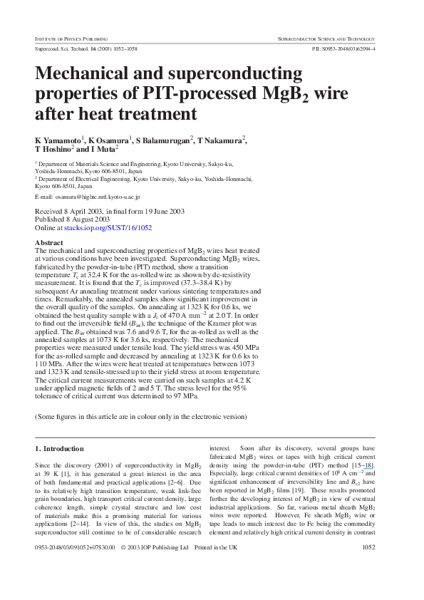 (PDF) Mechanical and superconducting properties of 6-filament MgB2 ...