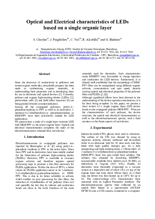 (PDF) Optical and Electrical characteristics of LEDs based on a single ...