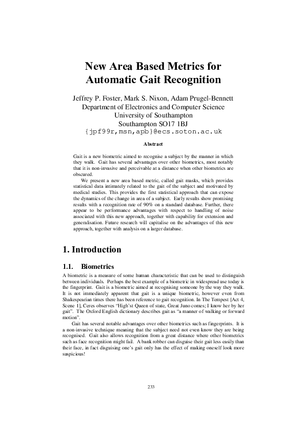 (PDF) New area based metrics for automatic gait recognition