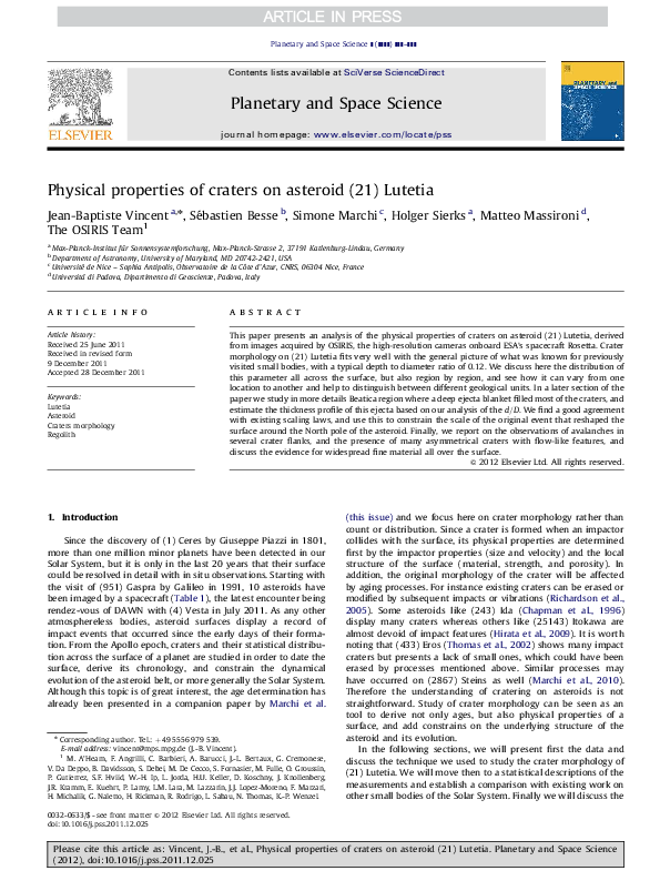 (PDF) Physical properties of craters on asteroid (21) Lutetia
