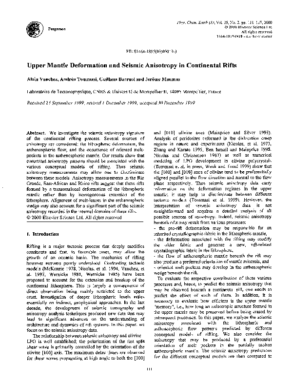 (PDF) Upper mantle deformation and seismic anisotropy in continental rifts