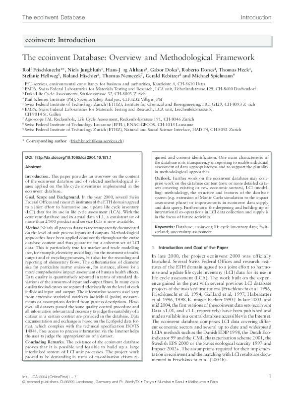 (PDF) The ecoinvent Database: Overview and Methodological Framework (7 pp)