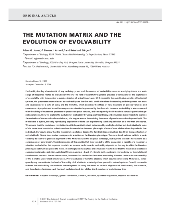 (PDF) THE MUTATION MATRIX AND THE EVOLUTION OF EVOLVABILITY