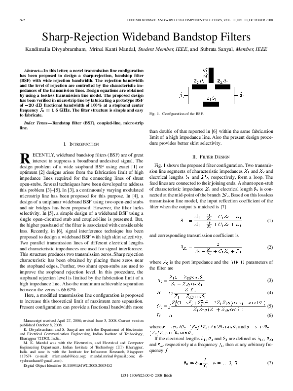 (PDF) Sharp-Rejection Wideband Bandstop Filters