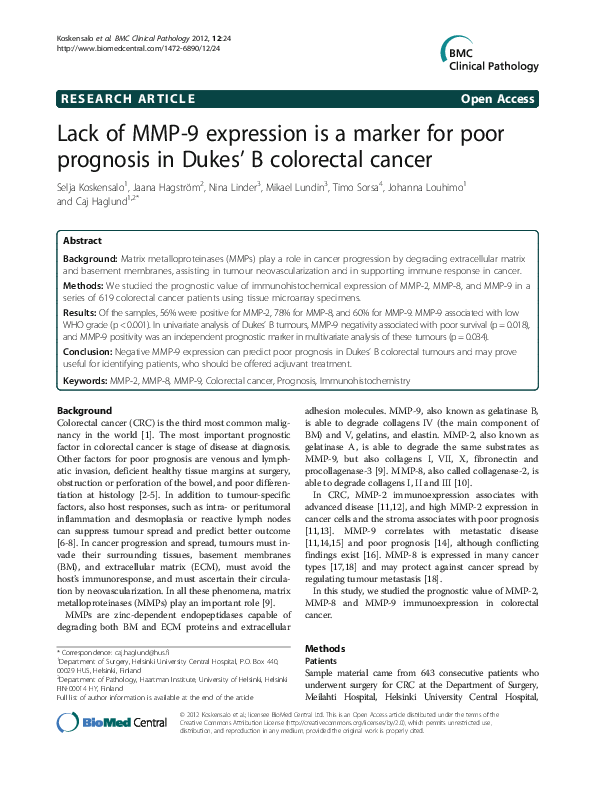(PDF) Lack of MMP-9 expression is a marker for poor prognosis in Dukes ...