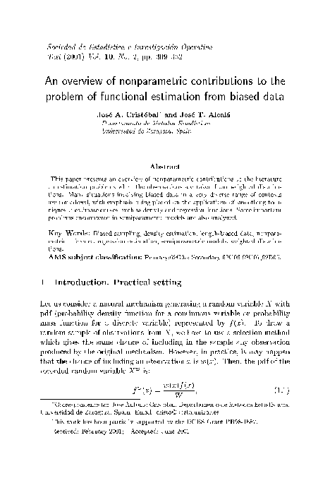 Pdf An Overview Of Nonparametric Contributions To The Problem Of Functional Estimation From