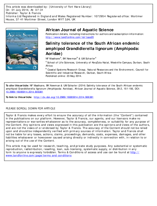(PDF) African Journal of Aquatic Science Salinity tolerance of the ...