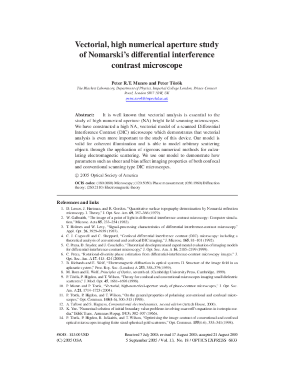 (PDF) Vectorial, high numerical aperture study of Nomarski's differential interference contrast ...