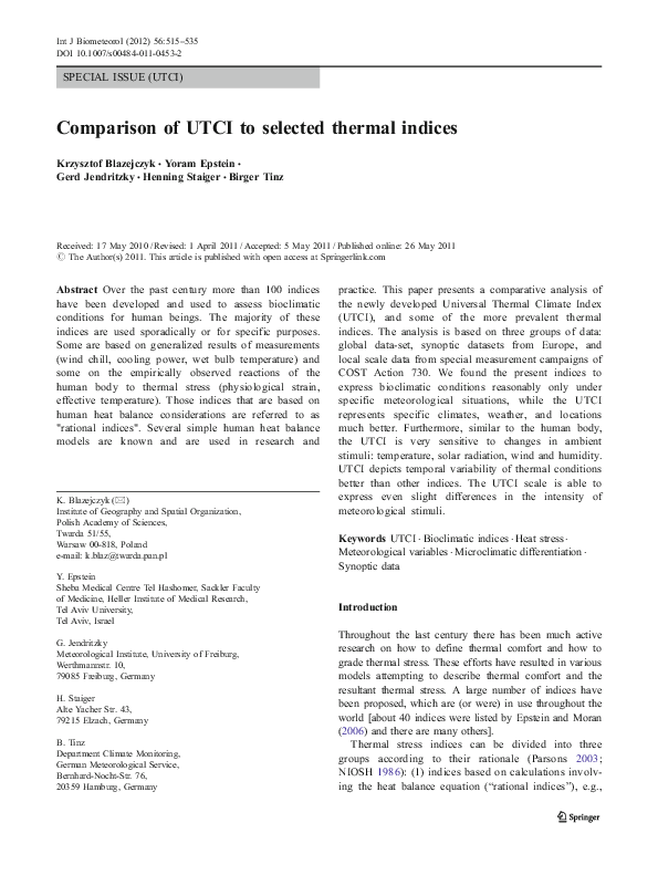 (PDF) Comparison of UTCI to selected thermal indices