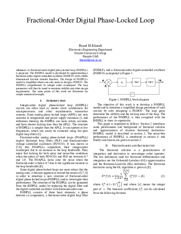 Pdf Fractional Order Digital Phase Locked Loop