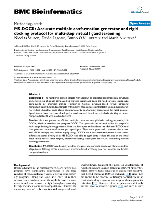 Pdf Ms Dock Accurate Multiple Conformation Generator And Rigid Docking Protocol For Multi