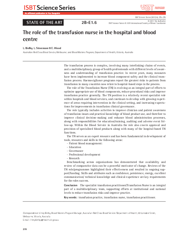 (PDF) The role of the transfusion nurse in the hospital and blood centre