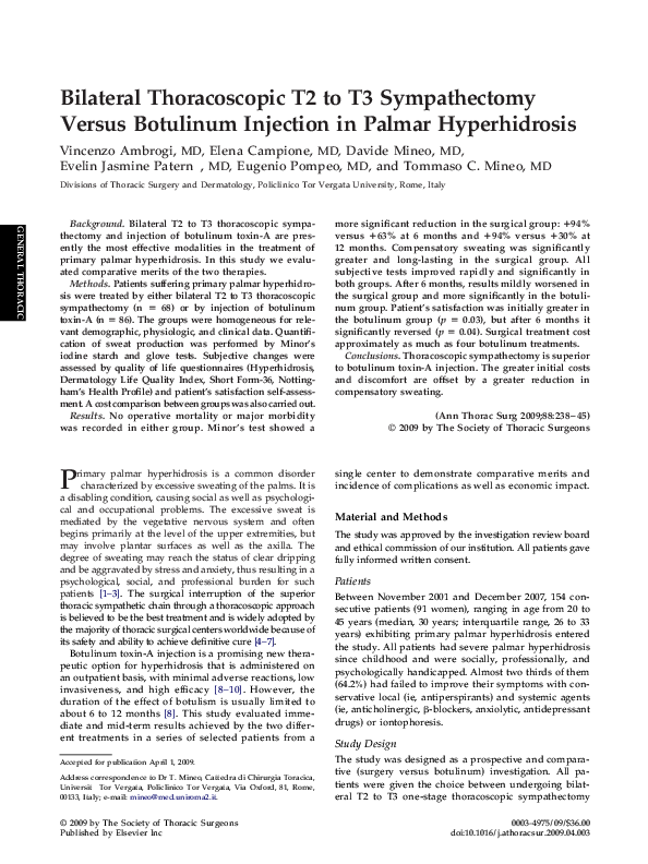 (PDF) Bilateral Thoracoscopic T2 to T3 Sympathectomy Versus Botulinum ...