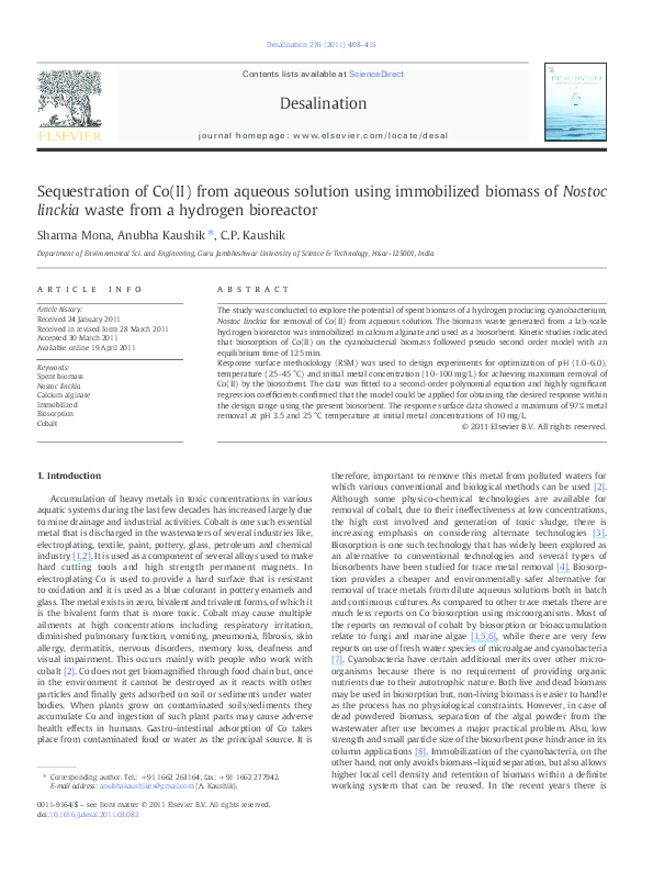 (PDF) Sequestration of Co(II) from aqueous solution using immobilized biomass of Nostoc linckia ...