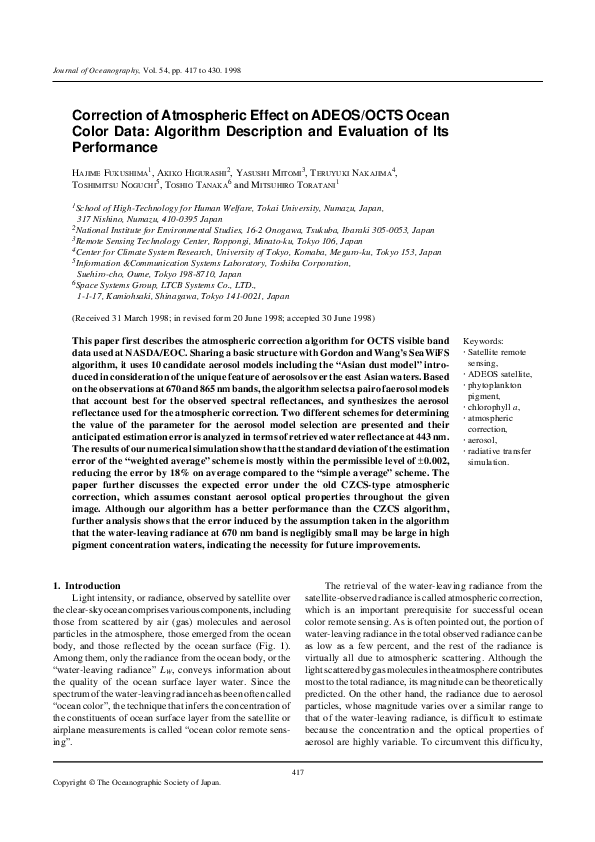 Pdf Correction Of Atmospheric Effect On Adeosocts Ocean Color Data Algorithm Description And