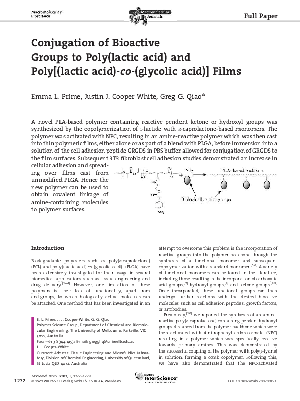 (PDF) Conjugation of Bioactive Groups to Poly(lactic acid) and Poly ...