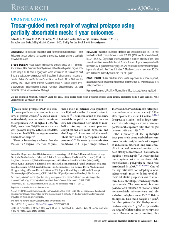 (PDF) Trocar-guided mesh repair of vaginal prolapse using partially absorbable mesh: 1 year outcomes