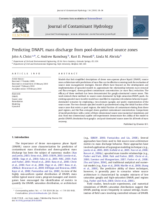 Pdf Predicting Dnapl Mass Discharge From Pool Dominated Source Zones