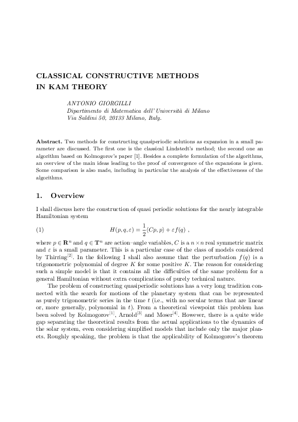 (PDF) Classical constructive methods in KAM theory | Antonio Giorgilli ...