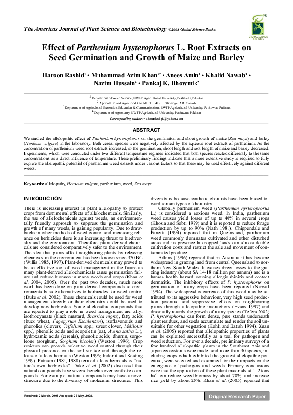 Effect of Parthenium hysterophorus L. Root Extracts on Seed Germination ...