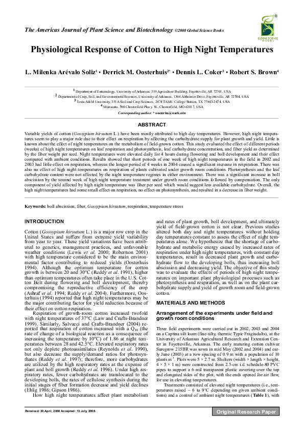 Physiological Response of Cotton to High Night Temperatures