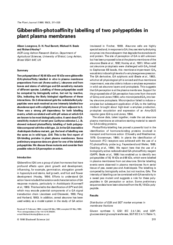 (PDF) Gibberellin-photoaffinity labelling of two polypeptides in plant ...