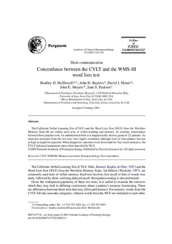 (PDF) Concordance between the CVLT and the WMS-III word lists test