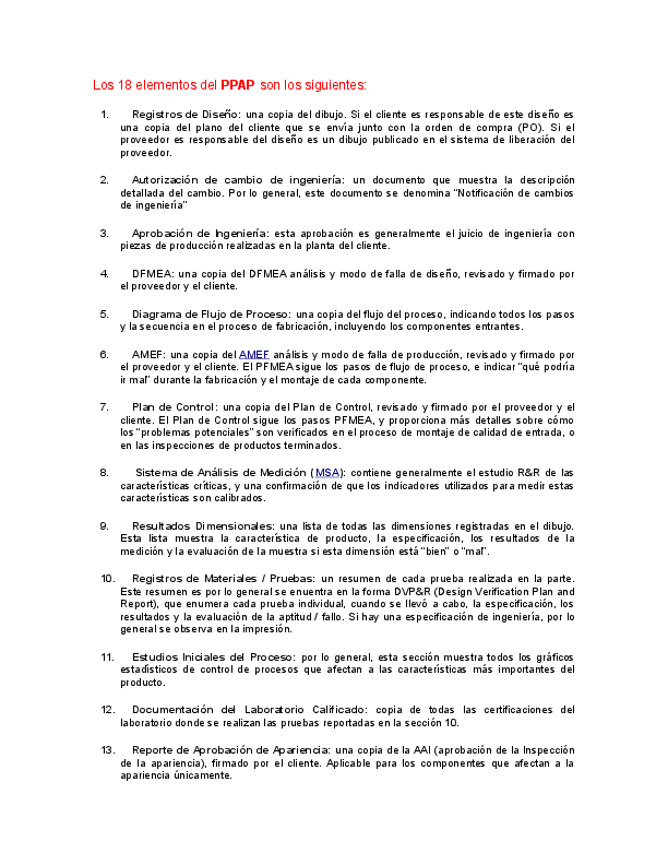 (DOC) Los 18 elementos del PPAP son los siguientes