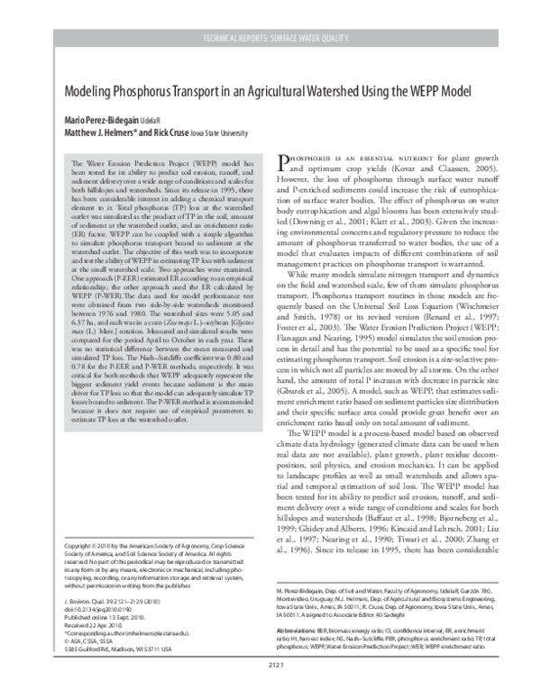 (PDF) Modeling phosphorus transport in an agricultural watershed using ...