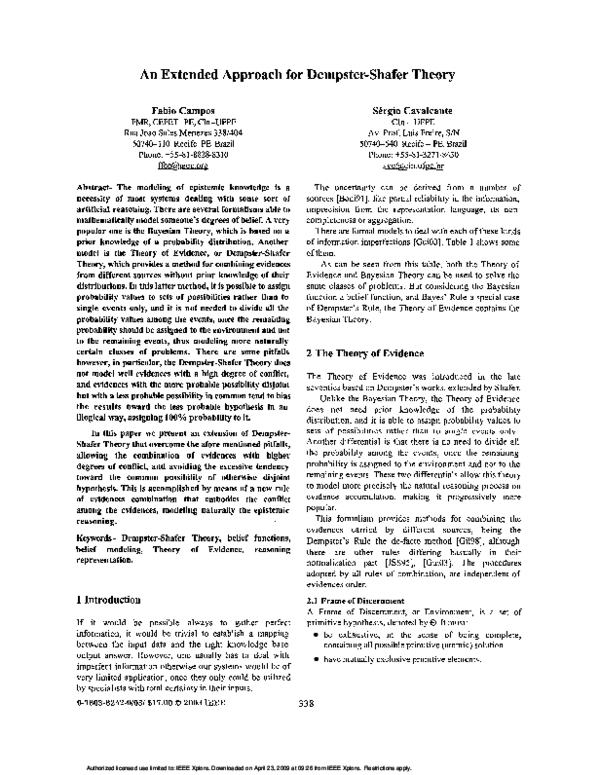 (PDF) An extended approach for Dempster-Shafer theory