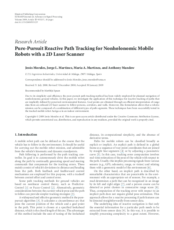 (PDF) Pure-Pursuit Reactive Path Tracking for Nonholonomic Mobile Robots with a 2D Laser Scanner