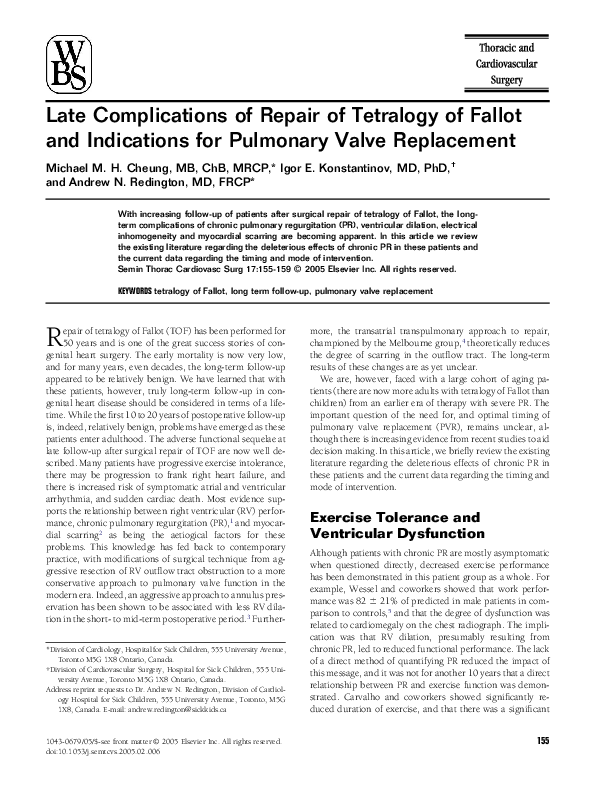 (PDF) Late complications of repair of tetralogy of Fallot and indications for pulmonary valve ...