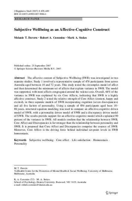 (PDF) Subjective Wellbeing as an Affective-Cognitive Construct