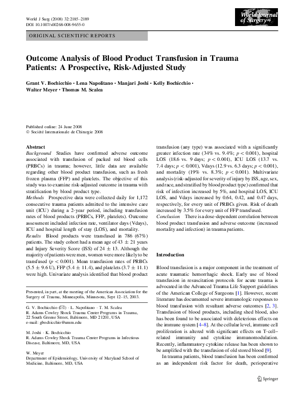 (PDF) Outcome Analysis of Blood Product Transfusion in Trauma Patients ...