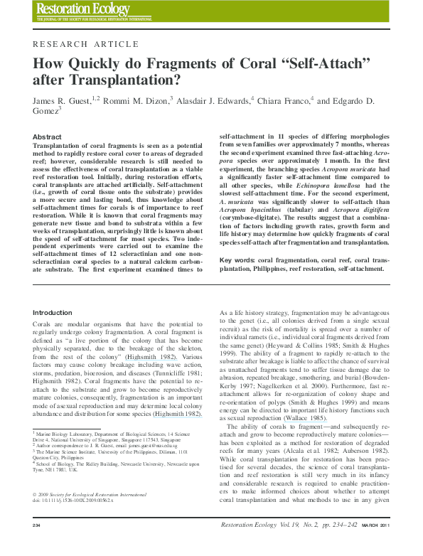 (PDF) How Quickly do Fragments of Coral “Self-Attach” after ...