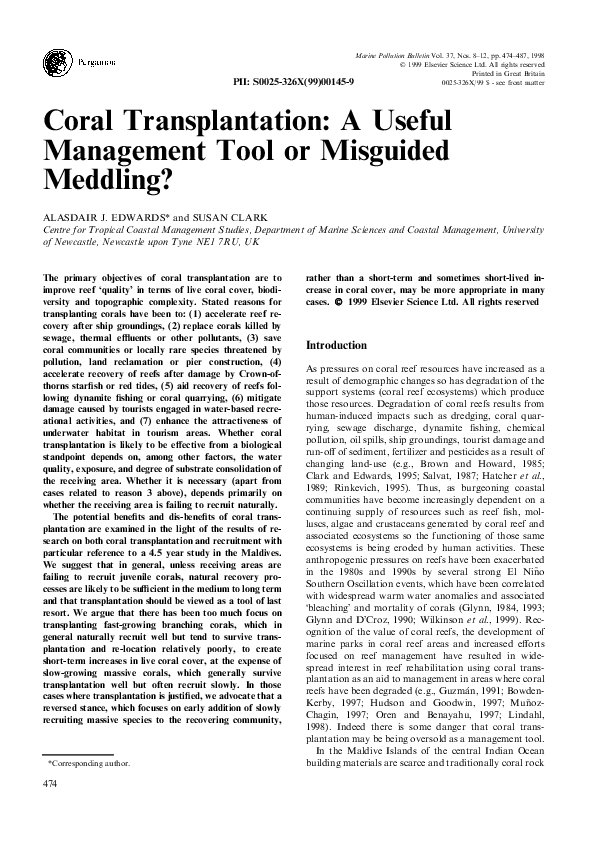 (PDF) Coral Transplantation: A Useful Management Tool or Misguided ...