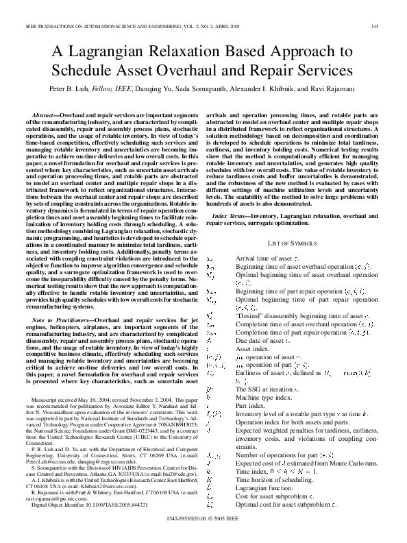 (PDF) A Lagrangian Relaxation Based Approach to Schedule Asset Overhaul and Repair Services