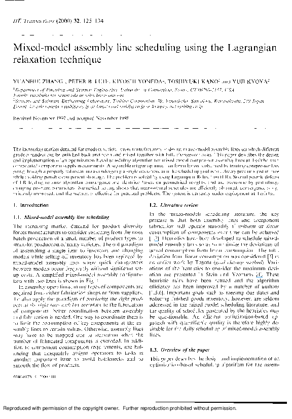 Pdf Mixed Model Assembly Line Scheduling Using The Lagrangian Relaxation Technique