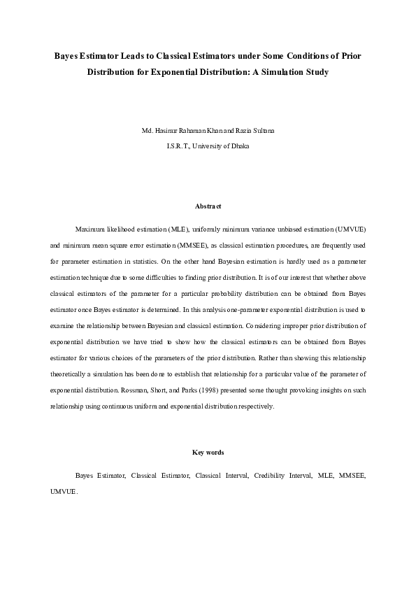 (PDF) Bayes Estimator Leads to Classical Estimators under Some Conditions of Prior Distribution ...