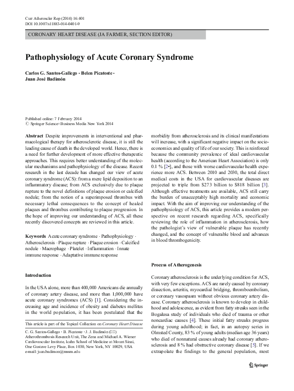 (PDF) Pathophysiology of Acute Coronary Syndrome
