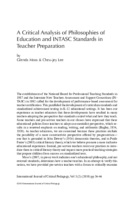 (PDF) A Critical Analysis of Philosophies of Education and INTASC ...