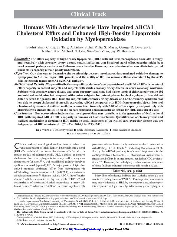 (PDF) Humans with Atherosclerosis have Impaired ABCA1 Cholesterol ...