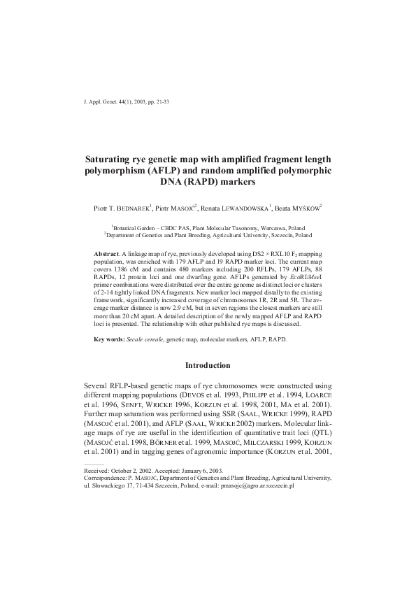 (PDF) Saturating rye genetic map with amplified fragment length polymorphism (AFLP) and random ...