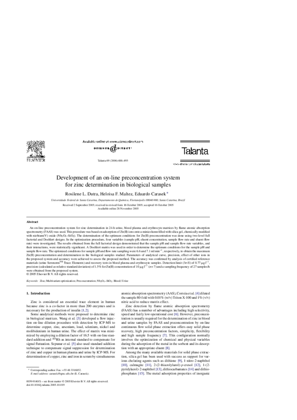 Pdf Development Of An On Line Preconcentration System For Zinc Determination In Biological Samples