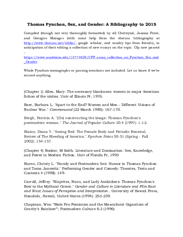 Pdf Pynchon Sex And Gender Bibliography 0531