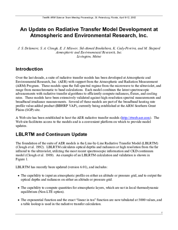 (PDF) An Update on Radiative Transfer Model Development at Atmospheric ...
