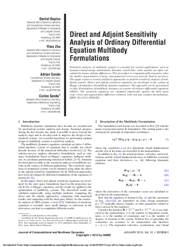 (PDF) Direct and Adjoint Sensitivity Analysis of Ordinary Differential Equation Multibody ...