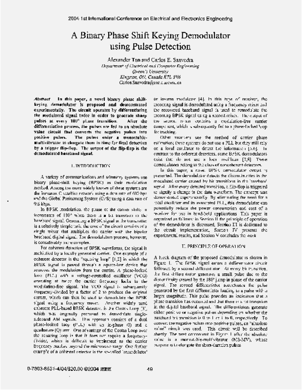 Pdf A Binary Phase Shift Keying Demodulator Using Pulse Detection