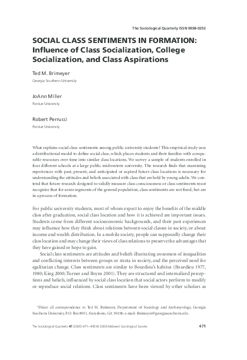 (PDF) SOCIAL CLASS SENTIMENTS IN FORMATION: Influence of Class ...